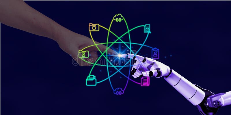 3D Robotic Hand Touching Human Hand with Digital Business Icon Working ...