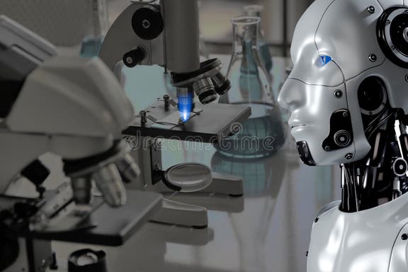 3D Robotic Render Artificial Intelligence with Microscope in Laboratory ...