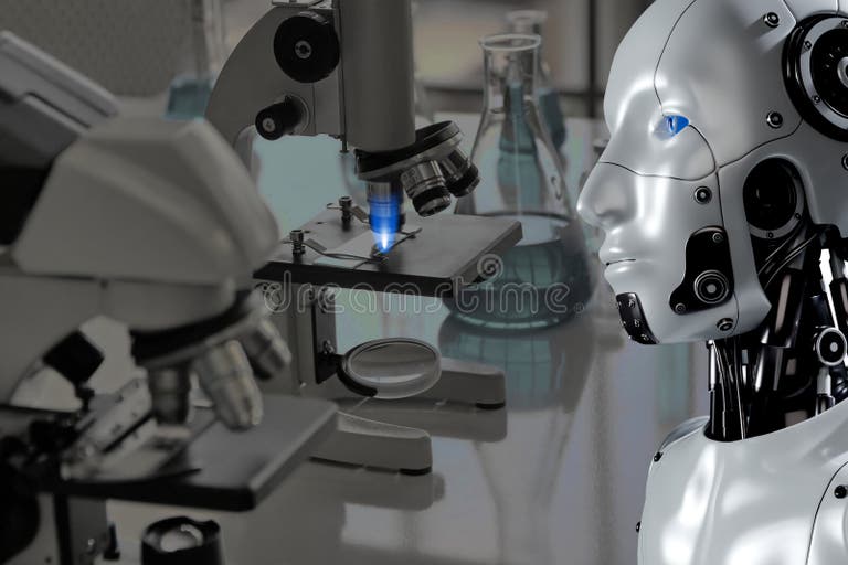 3D Robotic Render Artificial Intelligence with Microscope in Laboratory ...