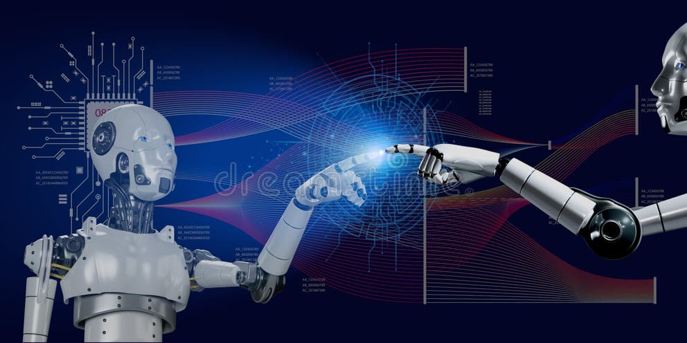 3D Robotic Render Showing Meta Verse and Data Science Algorithm Digital Data Network ...