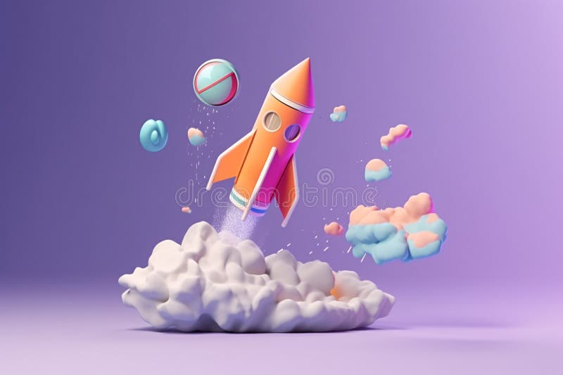 3D Rocket Blasting Off from a Cloud with Flames and Smoke, Dynamic ...
