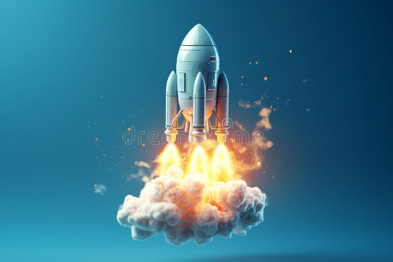 3D Rocket Blasting Off from a Cloud with Flames and Smoke, Dynamic ...