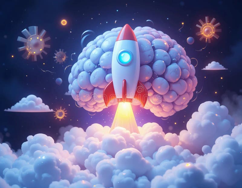 3D Rocket Brain Composition Representing Innovation Stock Illustration - Illustration of launch ...