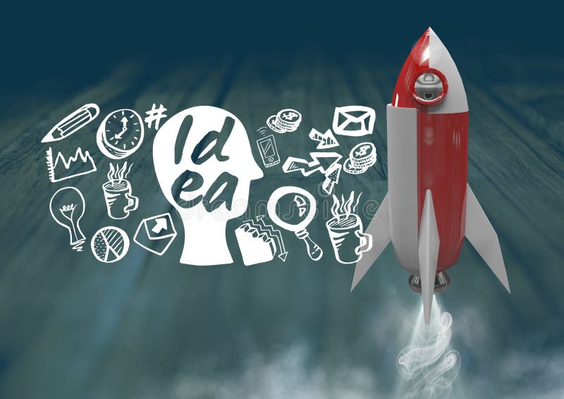3D Rocket Flying and Idea Text with Drawings Graphics Stock ...