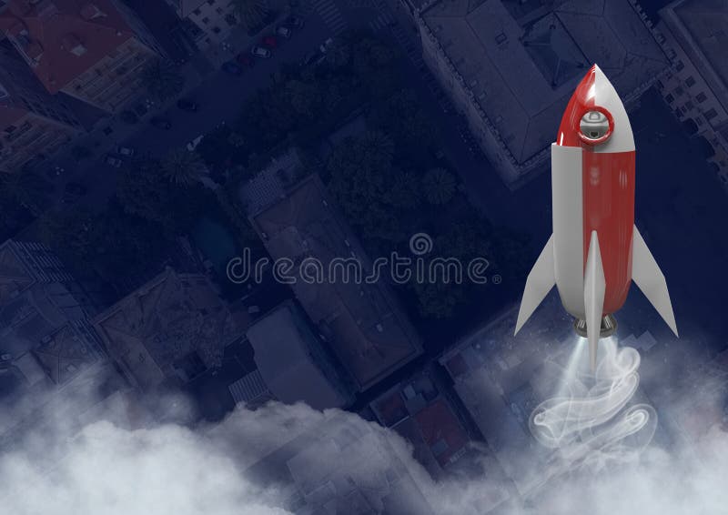 3D Rocket flying over city stock illustration. Illustration of blur ...