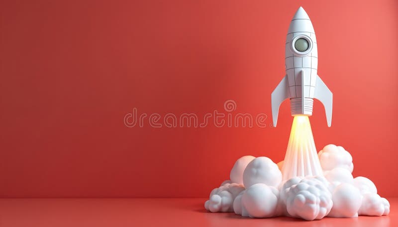 3D Rocket Launching, Isolated Red Background. Start Up, Business Concept. Spaceship Launch with ...