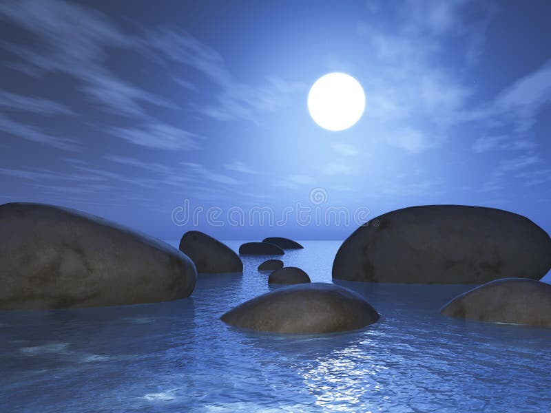 3D Rocks in Ocean Against Sunset Sky Stock Illustration - Illustration ...