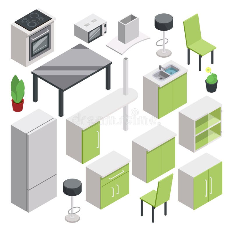 3d Room Design. Vector Isometric Furniture Set for Kitchen Stock Vector ...