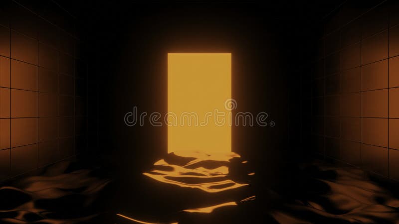 3d Room with Liquid and Door. Design. Bright Glowing Door with Dark ...