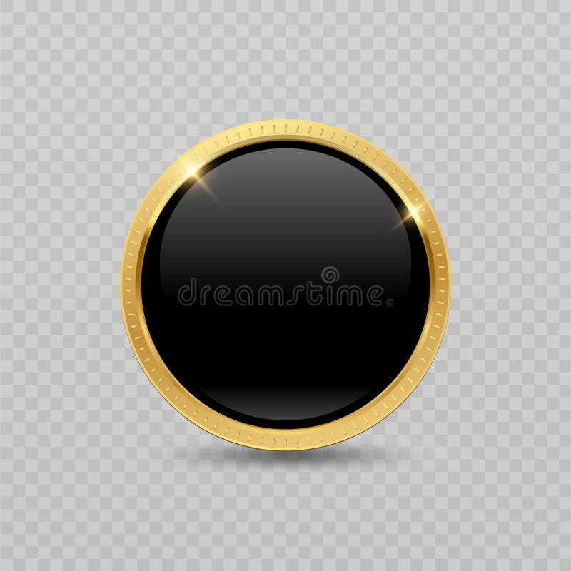 3d Round Black Glossy Button with Gold Ring Frame on Transparent ...
