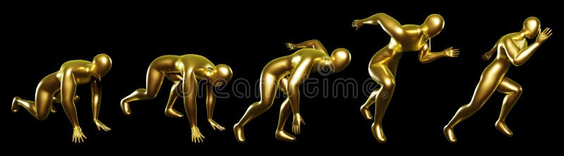 3d Run Gold Stickman Figure. Body Postures from Start To Run. with a ...