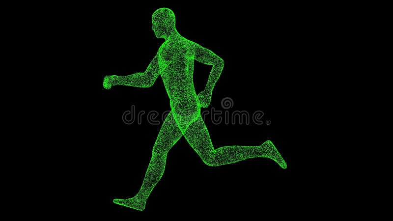 3D Running Man on Black Bg. Object Dissolved Green Flickering Particles ...