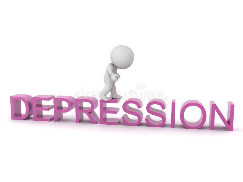 3D Sad Character Standing on Text Saying Depression Stock Illustration ...