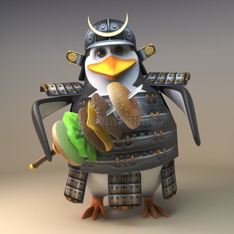 3d Samurai Penguin Warrior Character with a Cheeseburger on His Katana ...