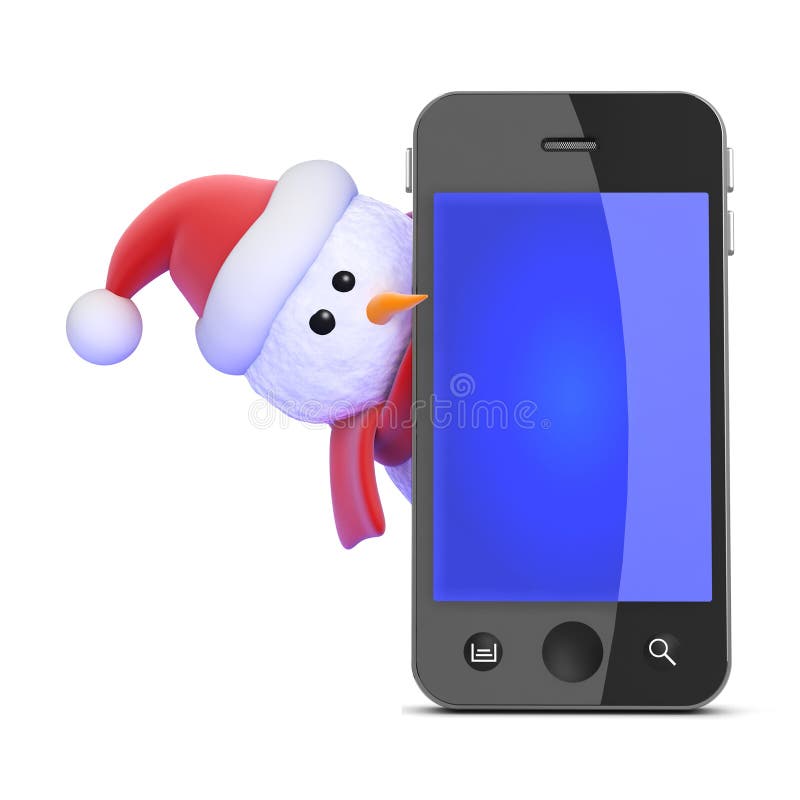3d Santa Snowman Looks Round a Smartphone Stock Illustration ...