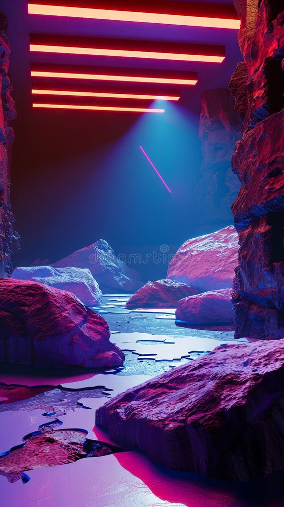 A 3d Scene of a Cave with Rocks and Neon Lights Stock Photo - Image of ...