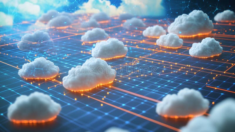 3d Scene Of Digital Clouds And Data Streams Symbolizing Cloud Computing