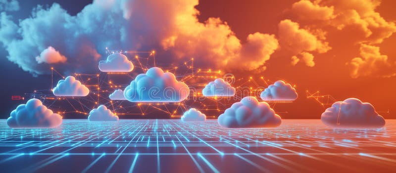 3d Scene Of Digital Clouds And Data Streams Symbolizing Cloud Computing