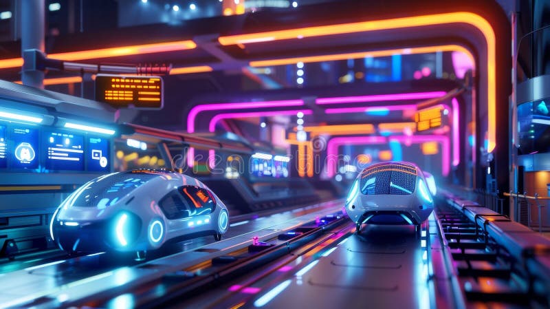 A 3D Scene of a Future Neon Transportation Hub with Autonomous Vehicles ...