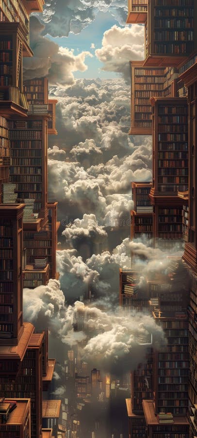 3D Scene a Library with Towering Bookshelves that Reach into the Clouds ...