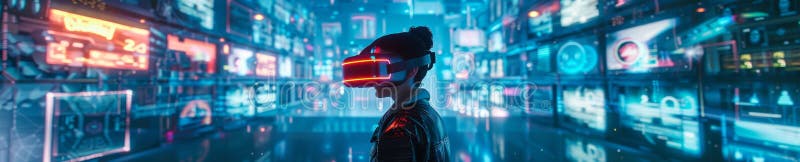 A 3D Scene of a Neonlit Virtual Reality Studio in the Future with Users ...