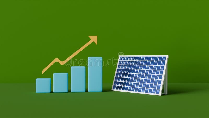 3D Scene with Solar Panel and Rising Graph on Green Background, Growth ...
