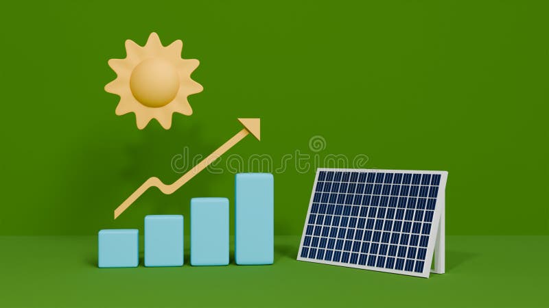 3D Scene with Solar Panel and Rising Graph on Green Background, Growth ...