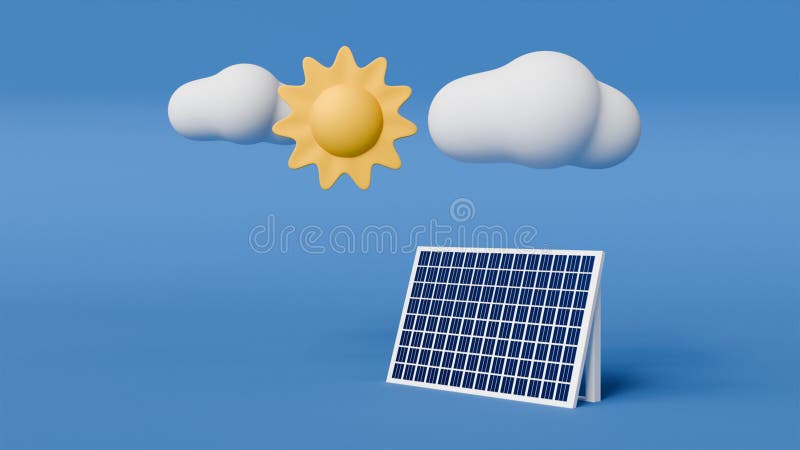 3D Scene with Solar Panel and Sun and Clouds on Blue Background, Energy ...