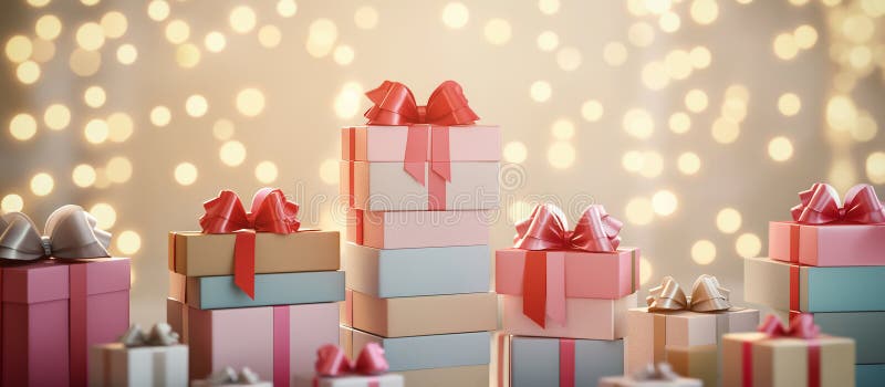 3D Scene of Stacked Gift Boxes with Holiday Lights Backdrop, Generative ...