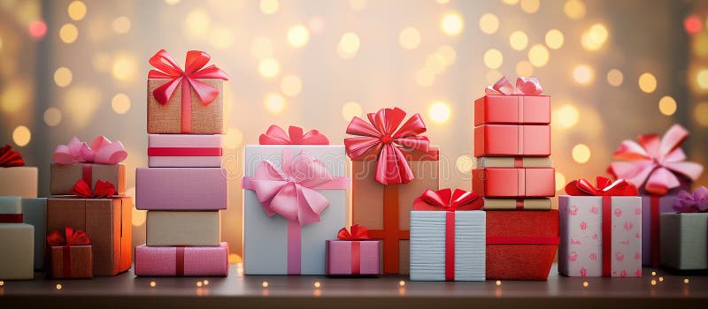 3D Scene of Stacked Gift Boxes with Holiday Lights Backdrop, Generative ...