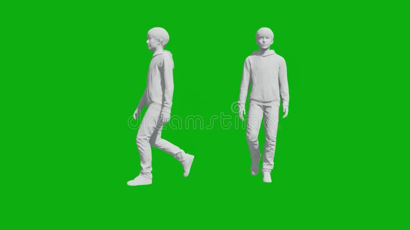 3D School Boy Walking Green Screen with Two Different Views without ...