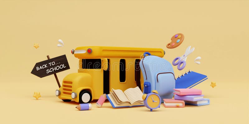 3d School Bus with School Accessories on Yellow Background. Back To ...