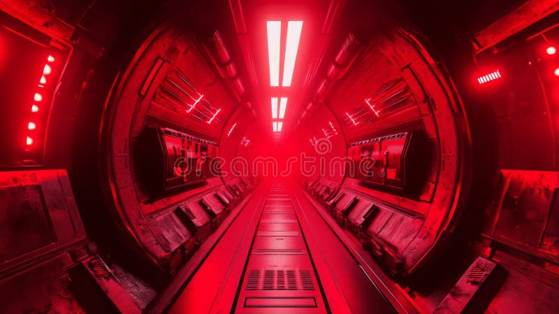 This 3D Sci-fi Scene Features a Glowing Podium Stage in a Row of Metal ...