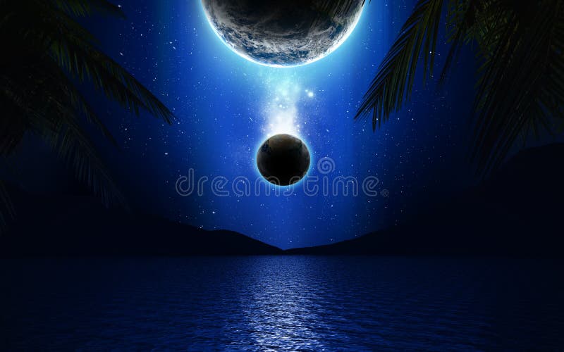 3D Landscape with Planets Over Ocean Stock Illustration - Illustration ...
