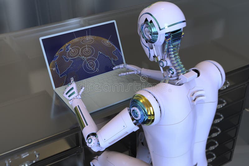 A 3D Scientific Illustration Featuring a Humanoid Robot Engaged in ...