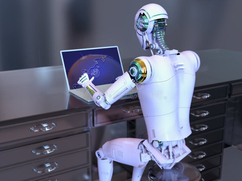 A 3D Scientific Illustration Featuring a Humanoid Robot Engaged in ...