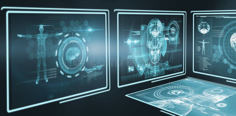 3d Screens with Blue Interface Stock Illustration - Illustration of ...