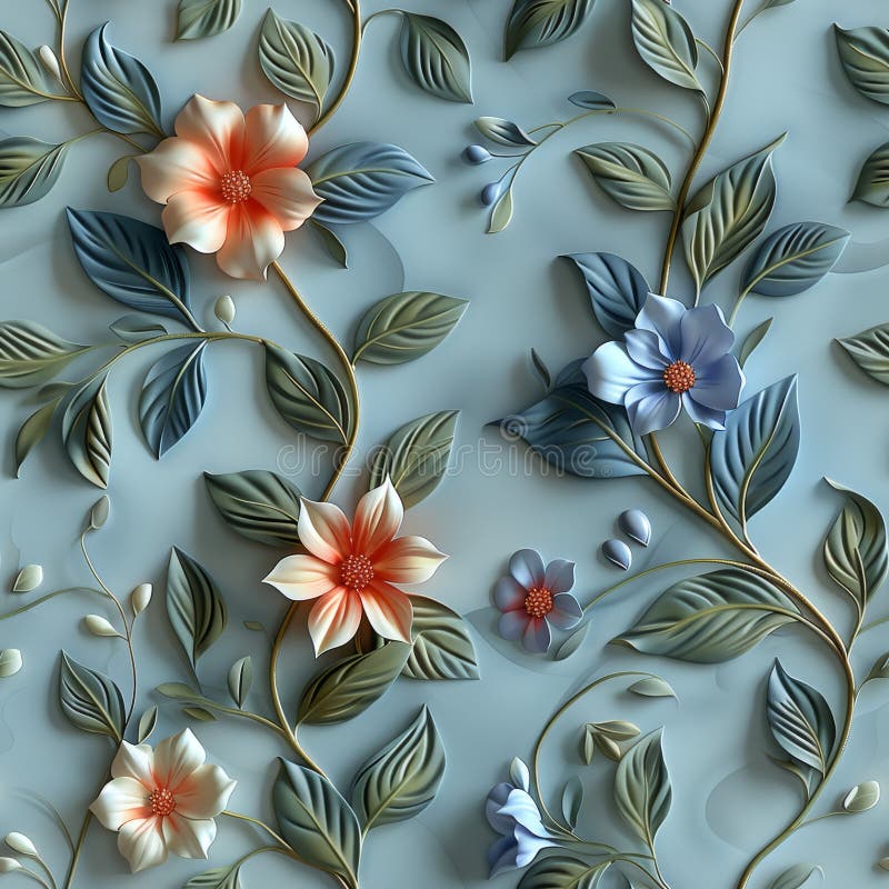 3D Seamless Pattern of Flowers and Leaves, Blossom 3d Render Style ...