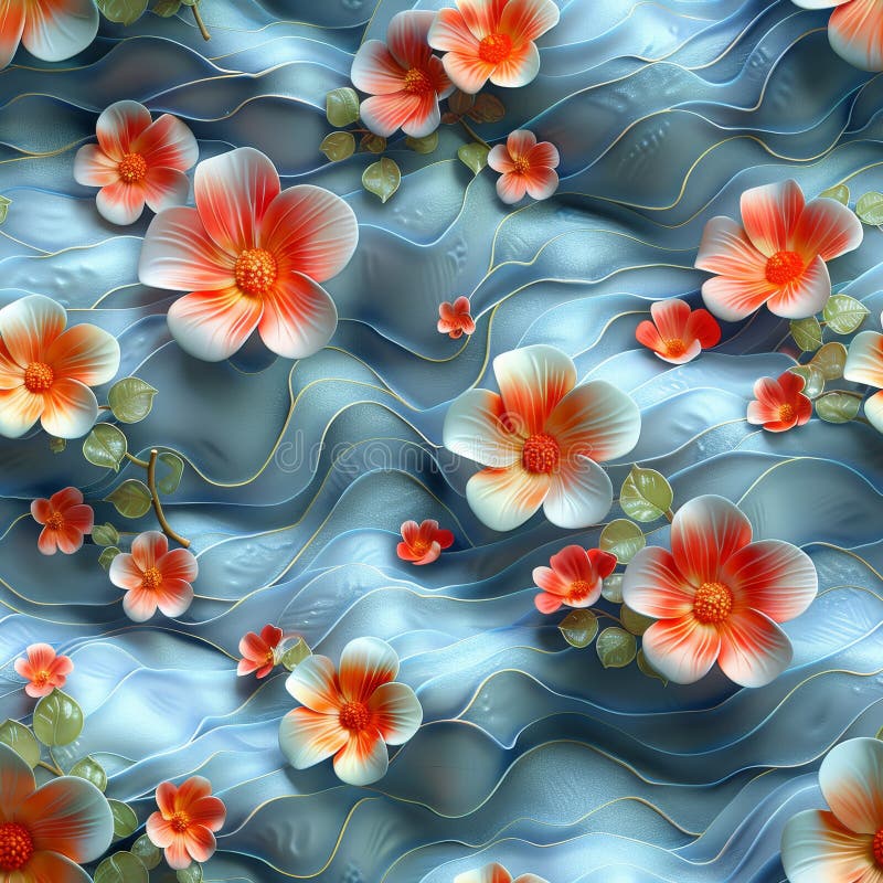 3D Seamless Pattern of Red Flowers and Blue Waves, 3d Render Style ...