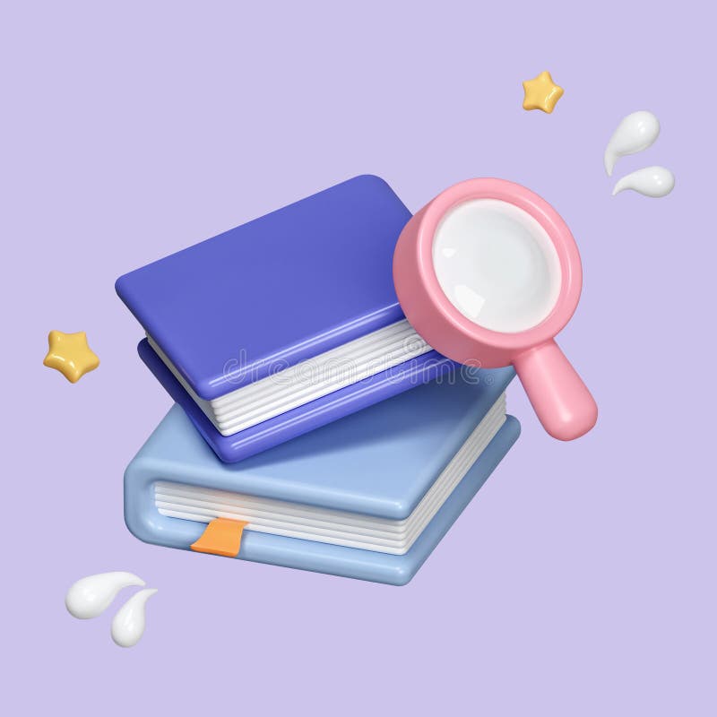 3d Search Knowledge Icon. Magnifying Glass with Stack of Book, Isolated ...