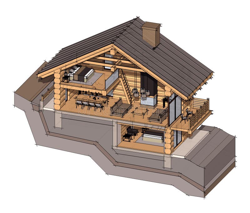 3d Section of a Country House Stock Illustration - Illustration of ...