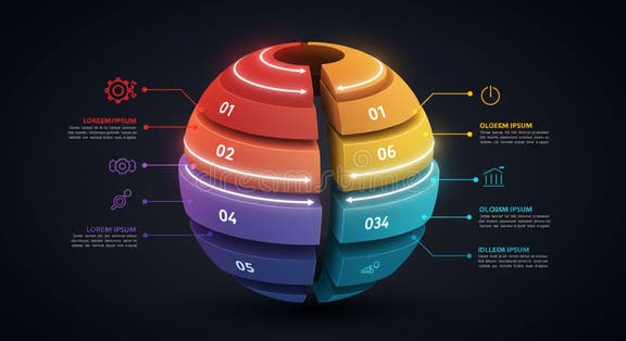 A 3D Segmented Spherical Infographic with Six Color-coded Sections ...