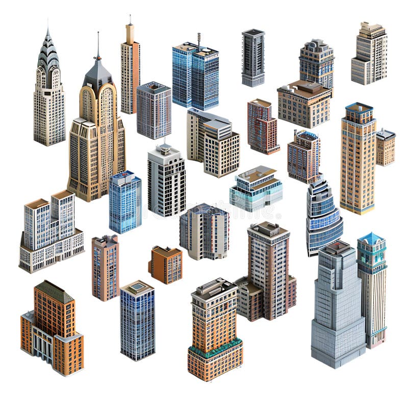 3D Set of City Buildings Isolated on a Transparent Background Stock ...