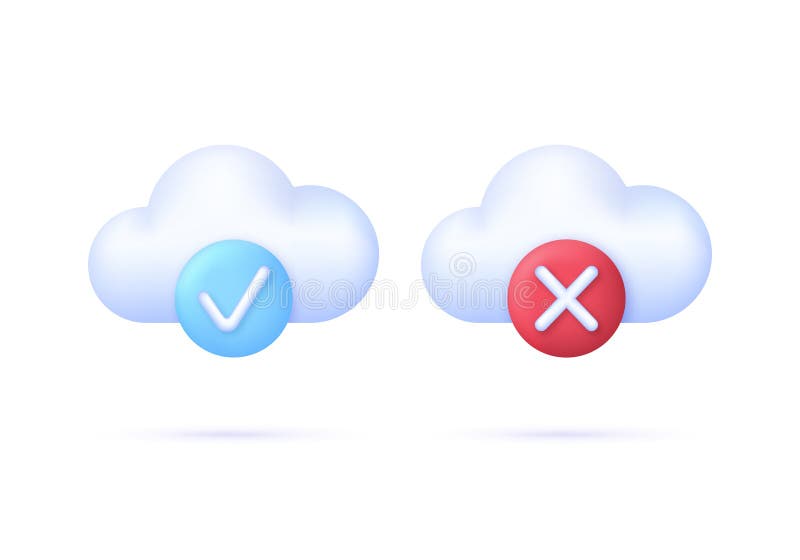 3D Set of Cloud Computing Icon with Cross and Check Marks. Correct and ...