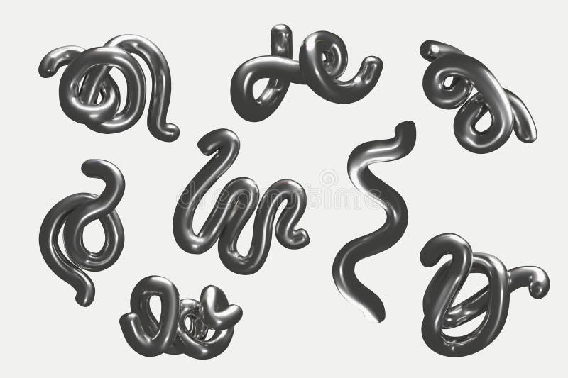 3D Set of Figures Made of Silver in Form of Curved Pipes of Irregular ...
