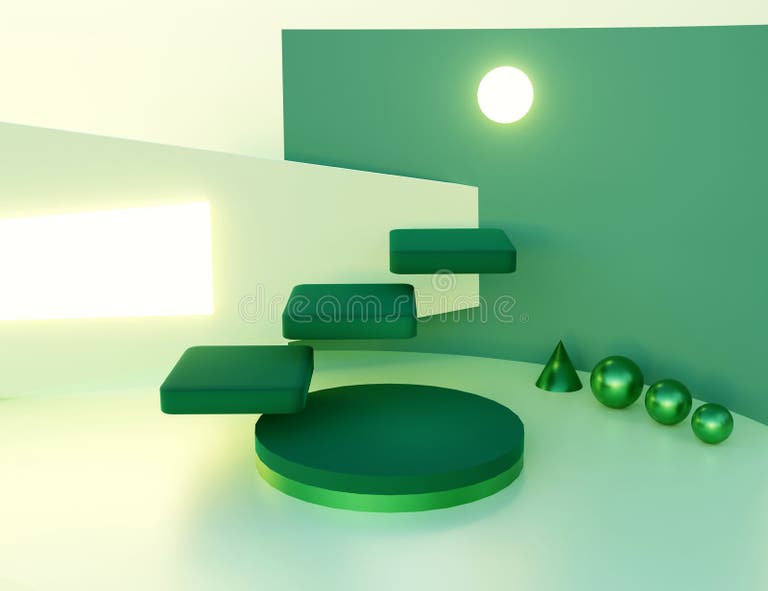 3D Set of Green Array Podiums with Lightning and Abstract Art Objects ...