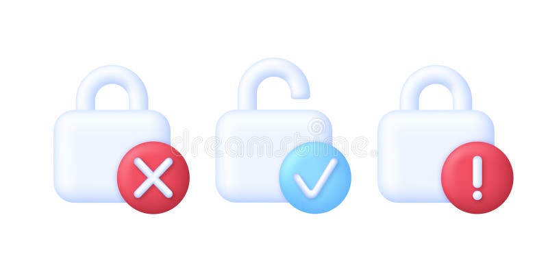 3D Set of Padlock Icons. Lock and Unlock Icons. Padlock with Check ...