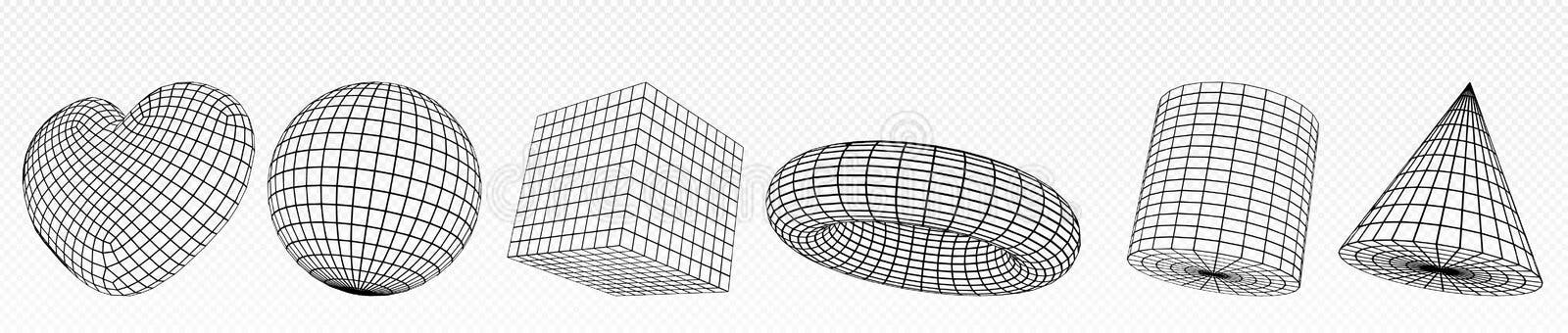 3d Wireframe Geometric Shapes in Trendy Retro Futuristic 80s 90s Style ...