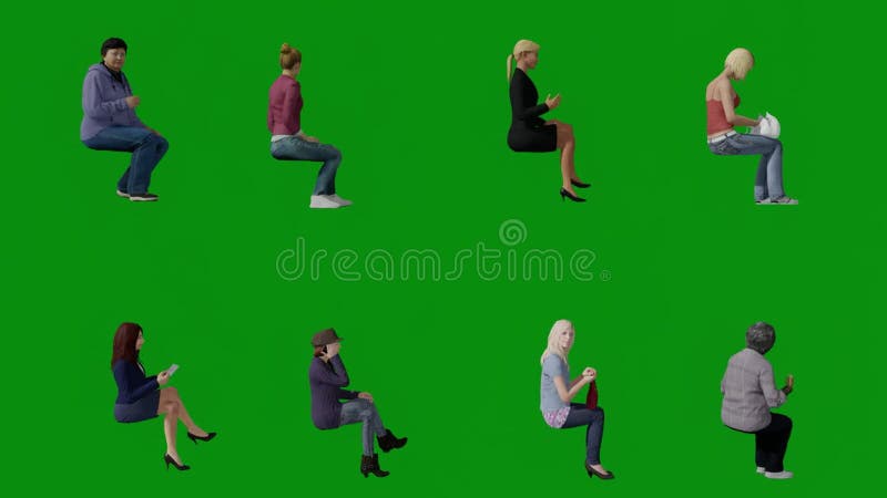 3D Several Different Female Students Green Screen Background Sitting ...