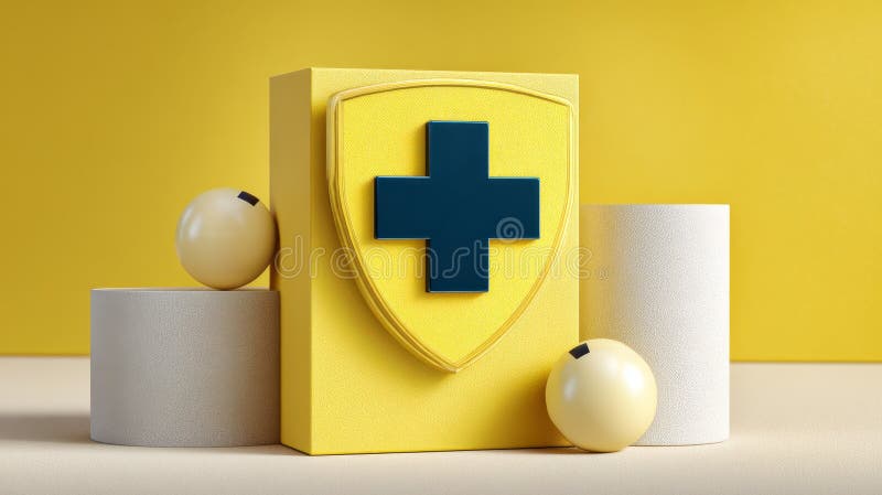 3D Shield with Blue Plus Sign Amidst Abstract Geometric Shapes Stock ...